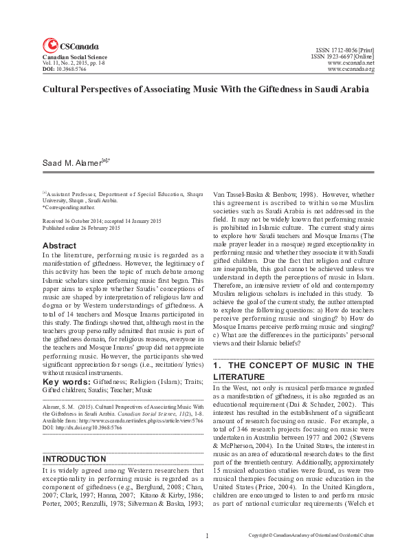 (PDF) Cultural Perspectives of Associating Music With the Giftedness in ...