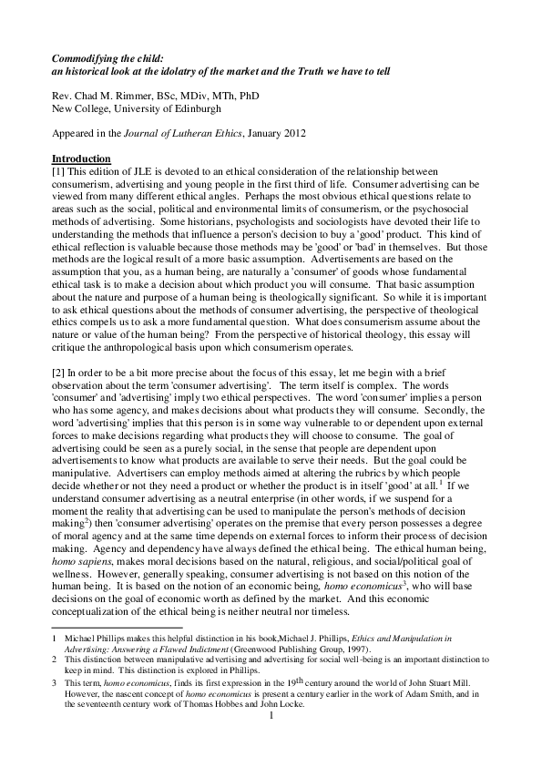 (PDF) Commodifying the child: an historical look at the idolatry of the ...