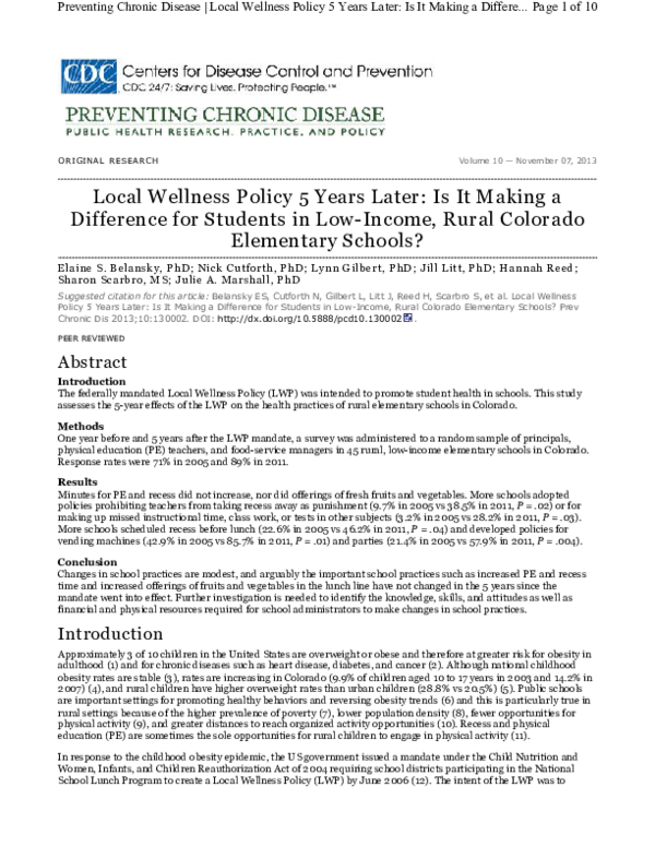 (PDF) Local Wellness Policy 5 Years Later: Is It Making a Difference ...