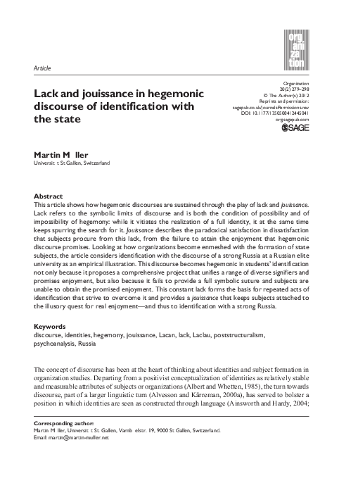 (PDF) Lack and jouissance in hegemonic discourses of identification ...