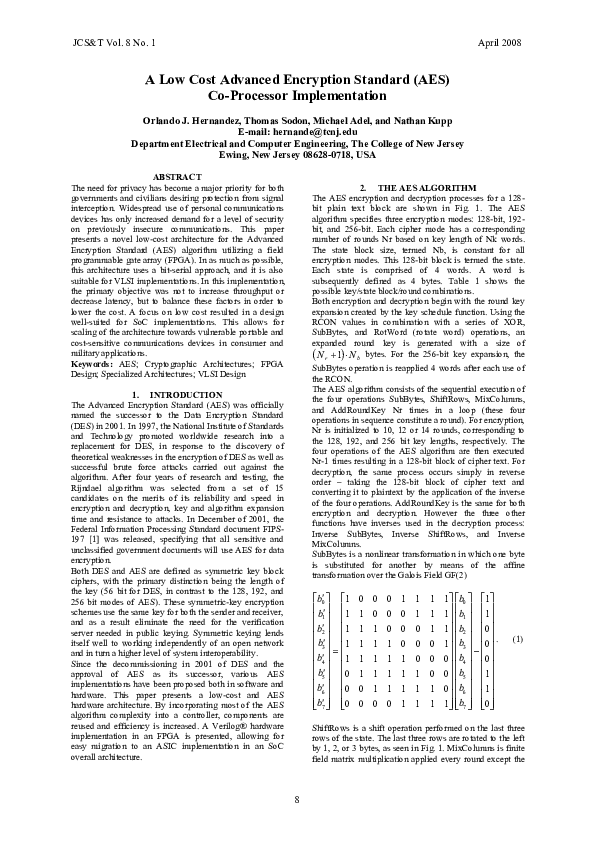 Pdf A Low Cost Advanced Encryption Standard Aes Coprocessor Implementation