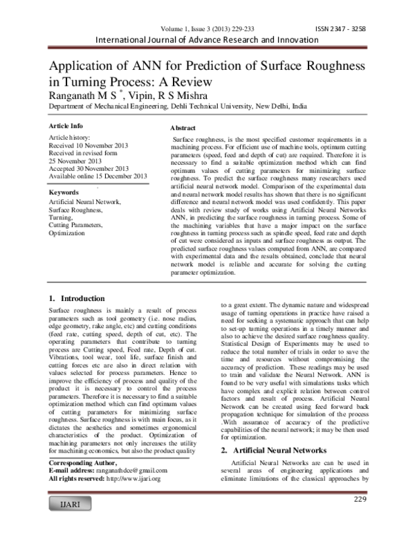 (PDF) Application of ANN for Prediction of Surface Roughness in Turning Process: A Review