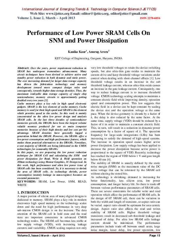 (PDF) Performance of Low Power SRAM Cells On SNM and Power Dissipation