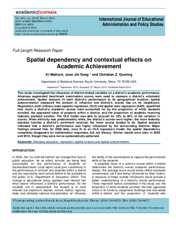 (PDF) Spatial dependency and contextual effects on Academic Achievement