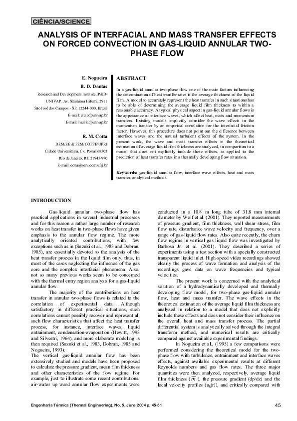 (PDF) ANALYSIS OF INTERFACIAL AND MASS TRANSFER EFFECTS ON FORCED CONVECTION IN GAS-LIQUID ...