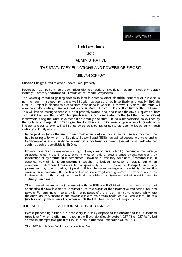 (PDF) The Statutory Functions and Powers of EirGrid