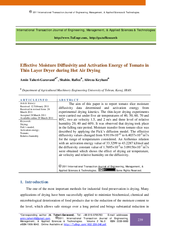 Pdf Effective Moisture Diffusivity And Activation Energy Of Tomato In