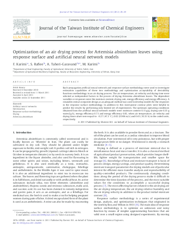 (PDF) Optimization of an air drying process for Artemisia absinthium leaves using response ...