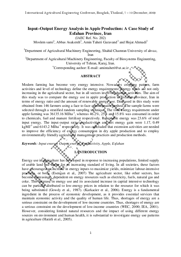 (PDF) Input-output energy analysis in apple production: a case study of Esfahan Province, Iran.