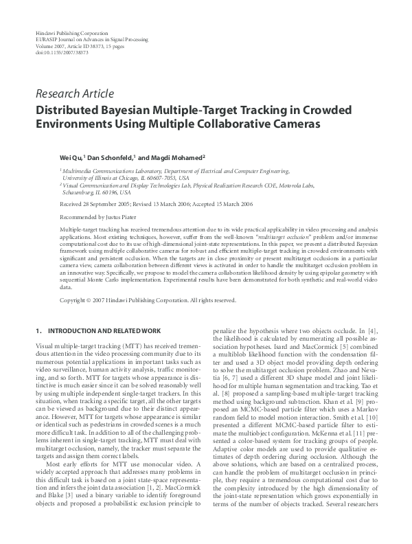 (PDF) Distributed Bayesian multiple-target tracking in crowded environments using multiple ...
