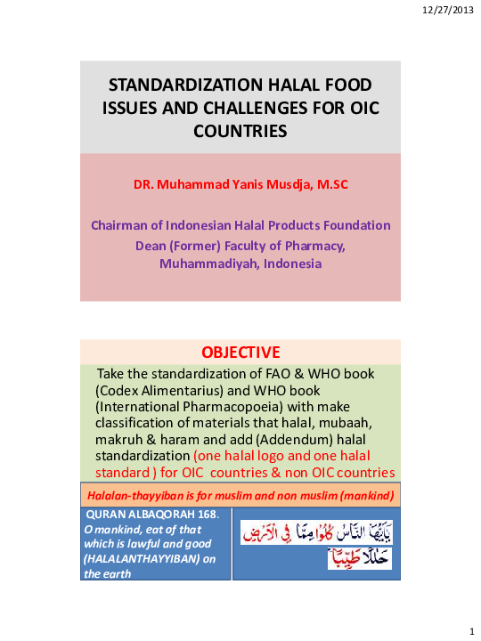 (PDF) STANDARDIZATION HALAL FOOD ISSUES AND CHALLENGES FOR OIC COUNTRIES