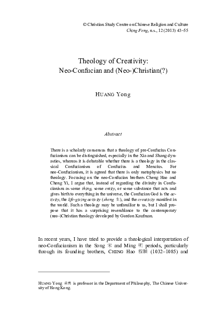 (PDF) (2013g) Theology of Creativity: Neo-Confucian and (Neo-)Christian(?)