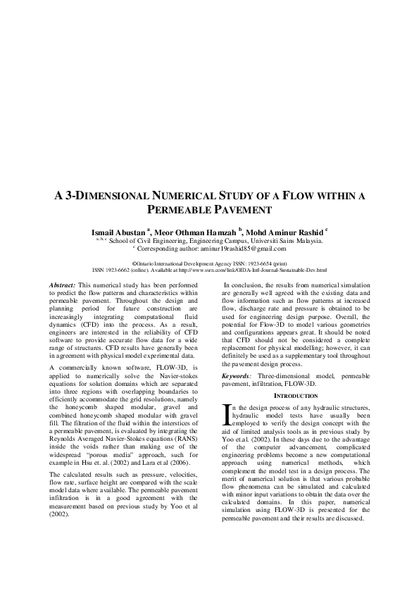 (PDF) A 3-DIMENSIONAL NUMERICAL STUDY OF A FLOW WITHIN A PERMEABLE PAVEMENT