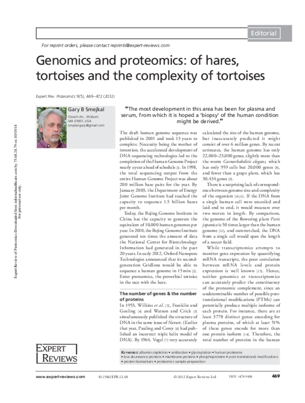 (PDF) Genomics and proteomics: of hares, tortoises and the complexity of tortoises