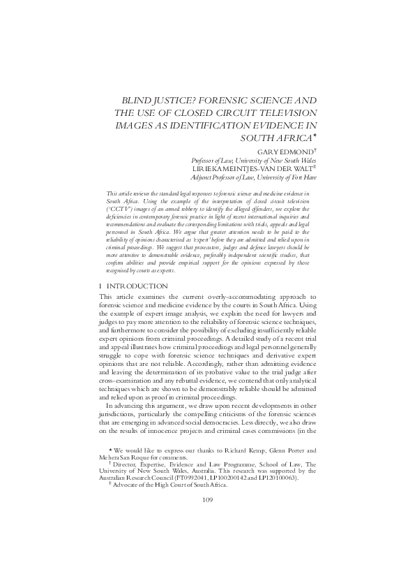(PDF) Edmond, Gary and Meintjes-Van der Walt, ‘Blind justice: Forensic ...
