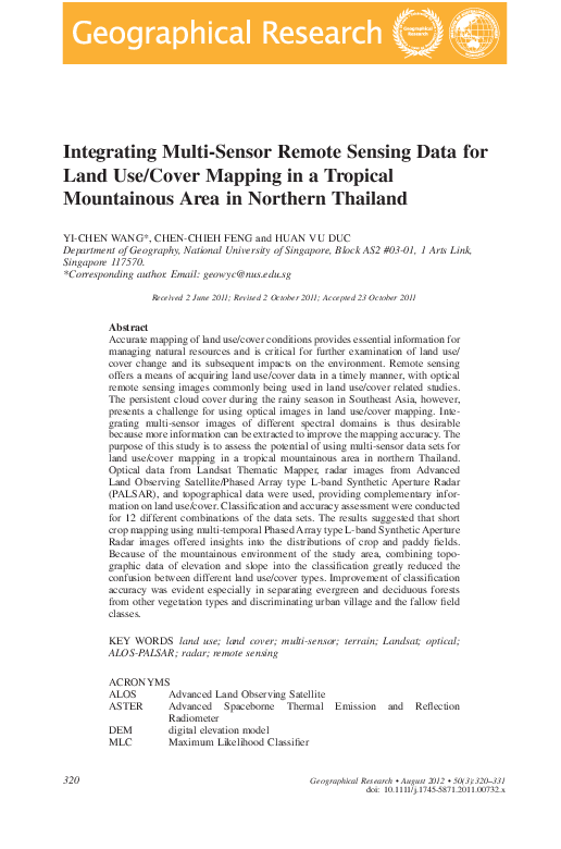 Pdf Integrating Multi Sensor Remote Sensing Data For Land Usecover