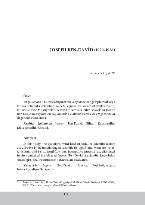 (PDF) JOSEPH BEN-DAVİD (1920-1986), CÜNEYT COŞKUN