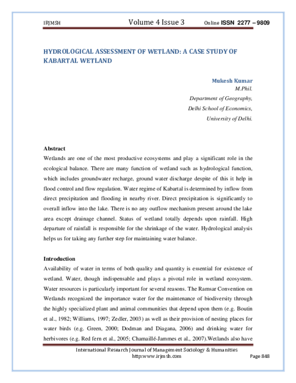(PDF) HYDROLOGICAL ASSESSMENT OF WETLAND: A CASE STUDY OF KABARTAL WETLAND