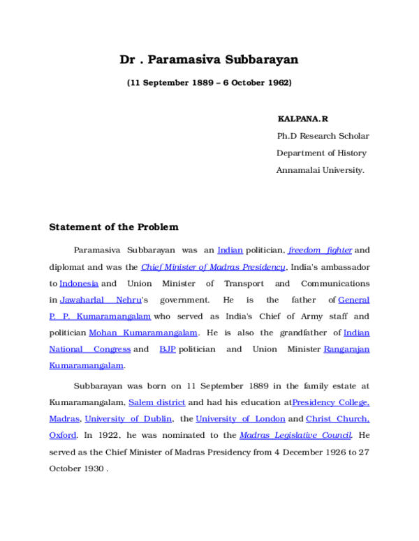 (DOC) Dr . Paramasiva Subbarayan Statement of the Problem