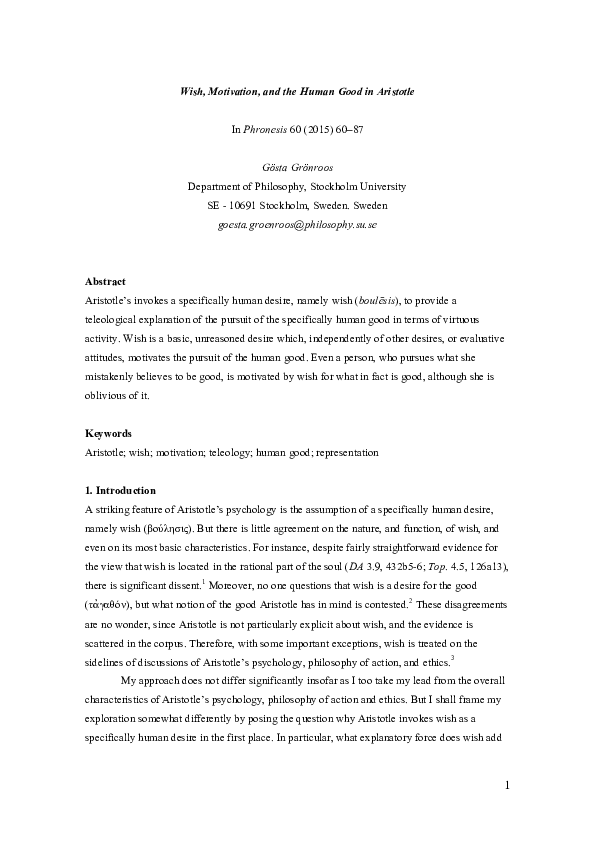 (PDF) Wish, Motivation and the Human Good in Aristotle in Phronesis 2015