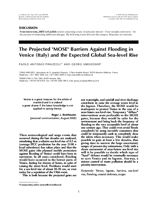 (PDF) The projected "MOSE" barriers against flooding in Venice (Italy ...