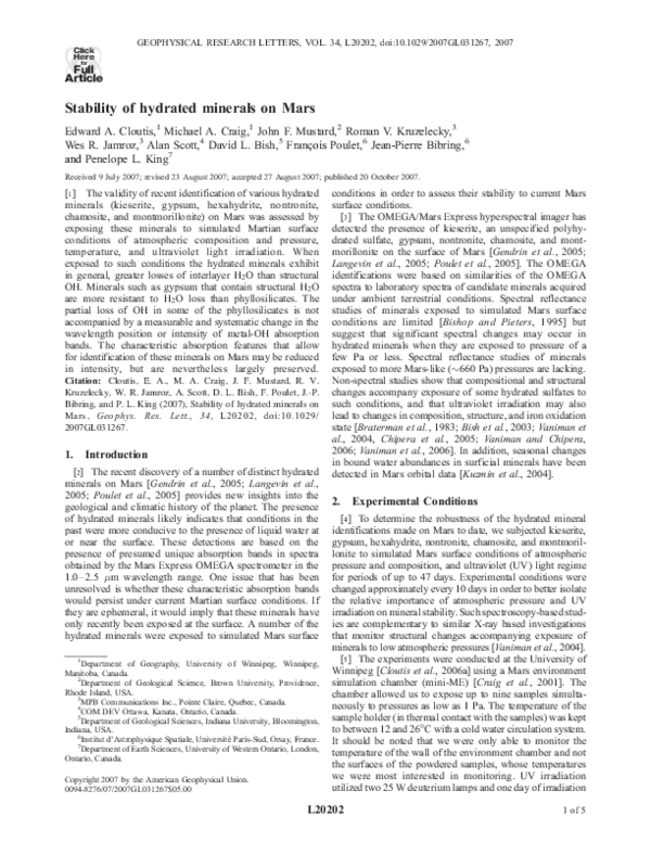 (PDF) Stability of hydrated minerals on Mars | Edward Cloutis ...