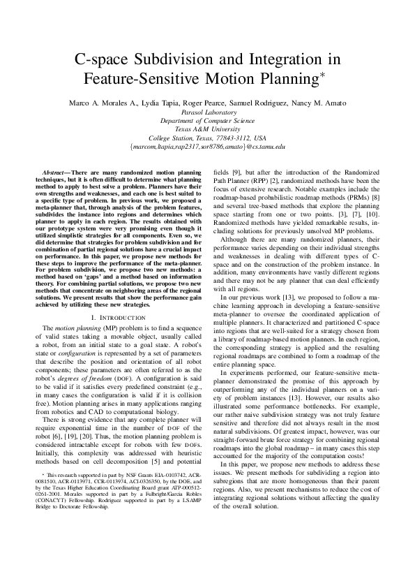 (PDF) C-space Subdivision and Integration in Feature-Sensitive Motion Planning