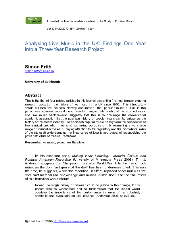 (PDF) Analysing Live Music in the UK: Findings One Year into a Three ...