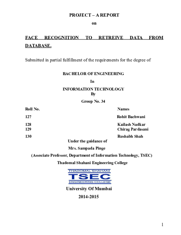 (DOC) PROJECT – A REPORT on FACE RECOGNITION TO RETREIVE DATA FROM DATABASE
