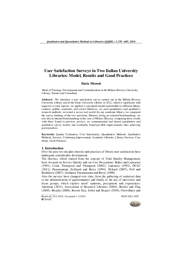 (PDF) Ilaria Moroni, “User Satisfaction Surveys in Two Italian University Libraries: Model ...