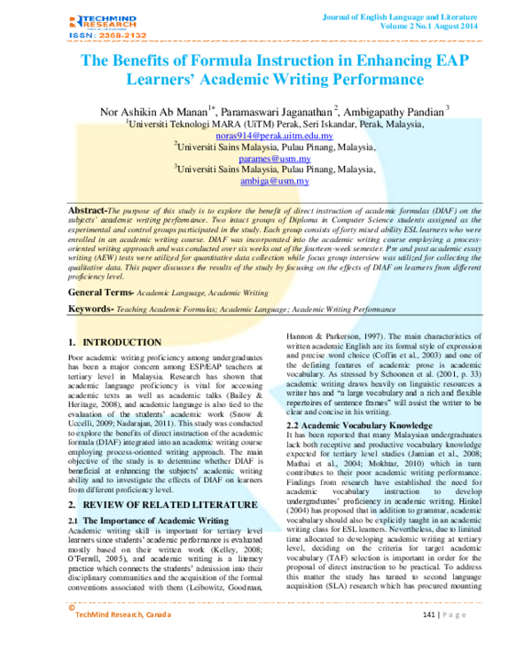 Pdf The Benefits Of Formula Instruction In Enhancing Eap Learners Academic Writing Performance