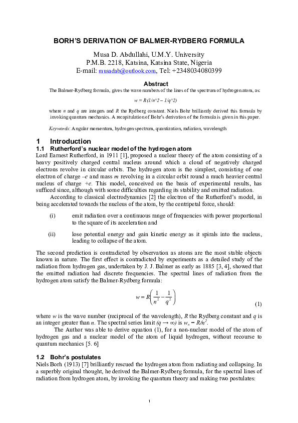 (PDF) Borh's Derivation of Balmer-Rydberg Formula