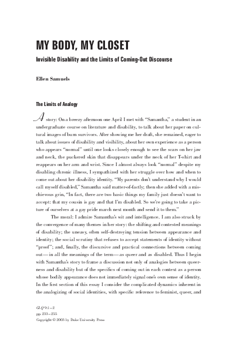 (PDF) My Body, My Closet: Invisible Disability and the Limits of Coming ...