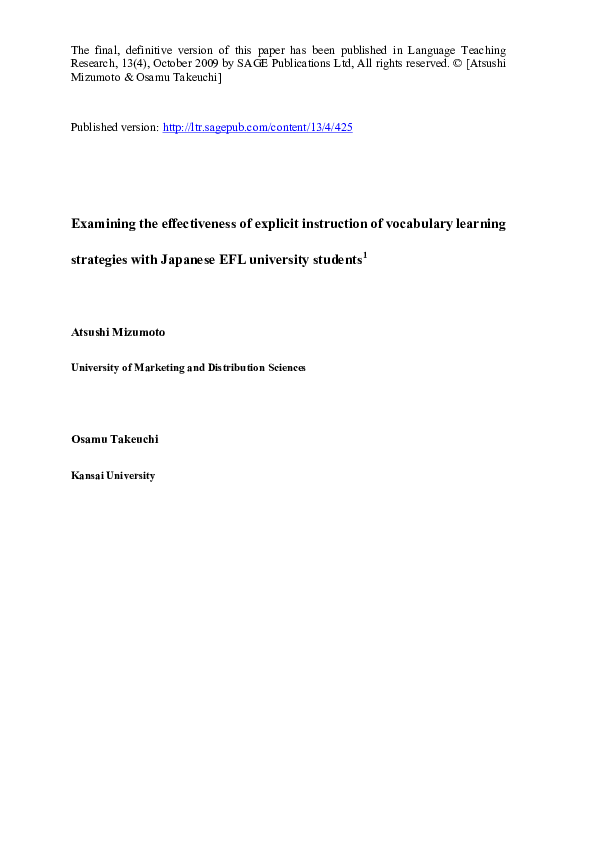(PDF) Examining the effectiveness of explicit instruction of vocabulary learning strategies with ...