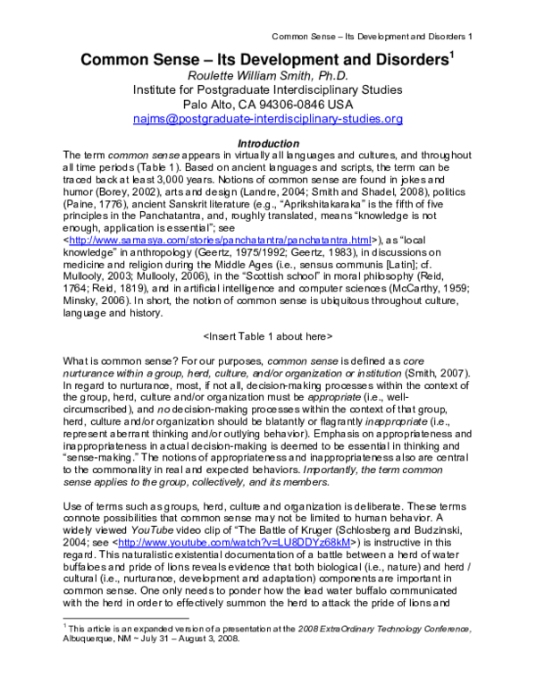 (PDF) Common Sense - Its Development and Disorders