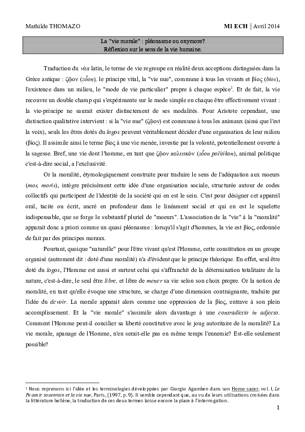 Vie et morale, réflexion sur le sens de la vie humaine.