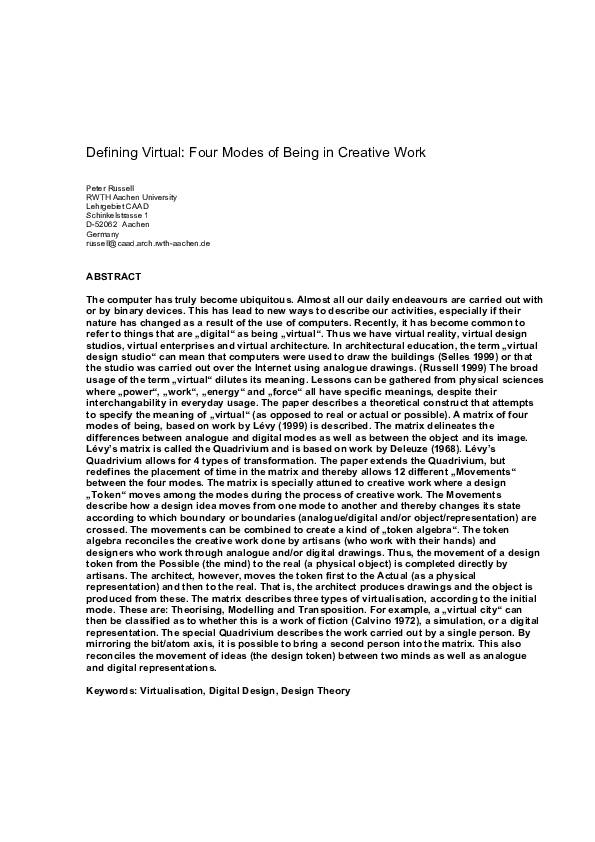 (PDF) Defining Virtual: Four Modes of Being in Creative Work