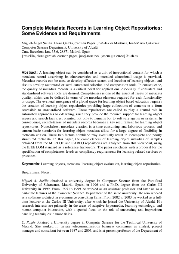 (PDF) Complete metadata records in learning object repositories: some evidence and requirements