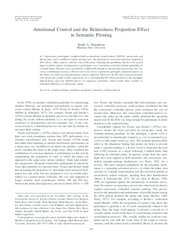(PDF) Attentional control and the relatedness proportion effect in semantic priming