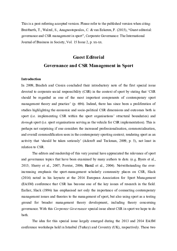 (PDF) Guest editorial: governance and CSR management in sport