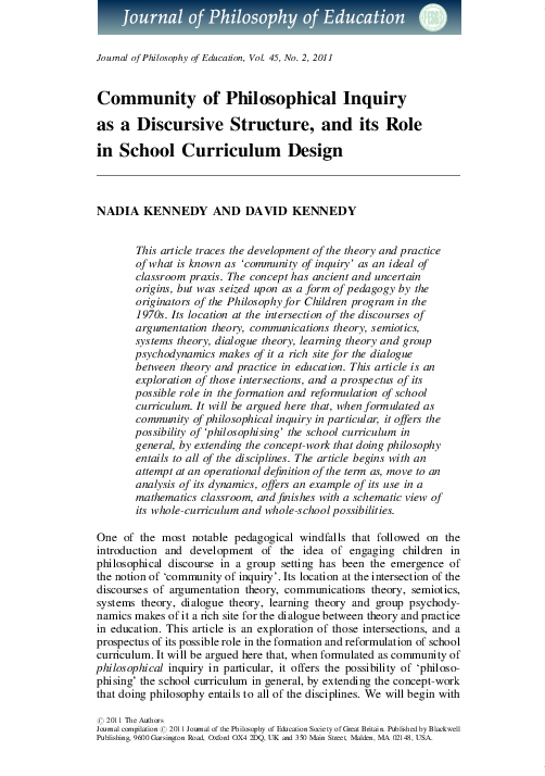 (PDF) COMMUNITY OF PHILOSOPHICAL INQUIRY AS A DISCURSIVE STRUCTURE AND ...