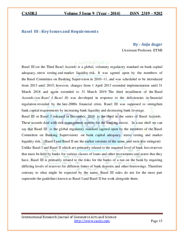 (PDF) Basel III : Key Issues and Requirements
