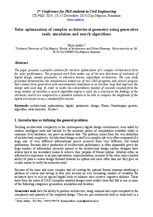 Pdf Solar Optimization Of Complex Architectural Geometry Using Generative Tools Simulation And