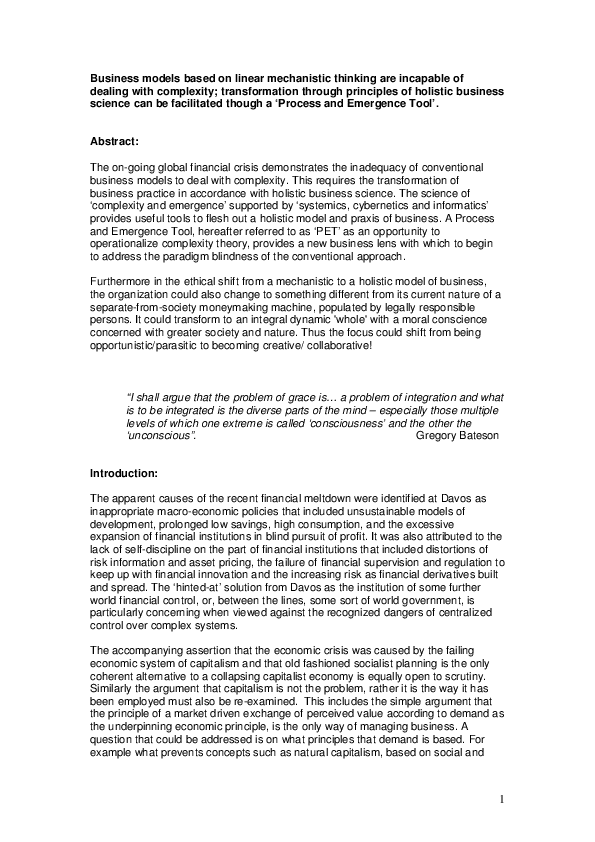 Pdf Business Modeling Based On Complexity Science