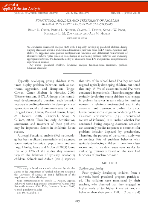 (PDF) FUNCTIONAL ANALYSIS AND TREATMENT OF PROBLEM BEHAVIOR IN EARLY ...