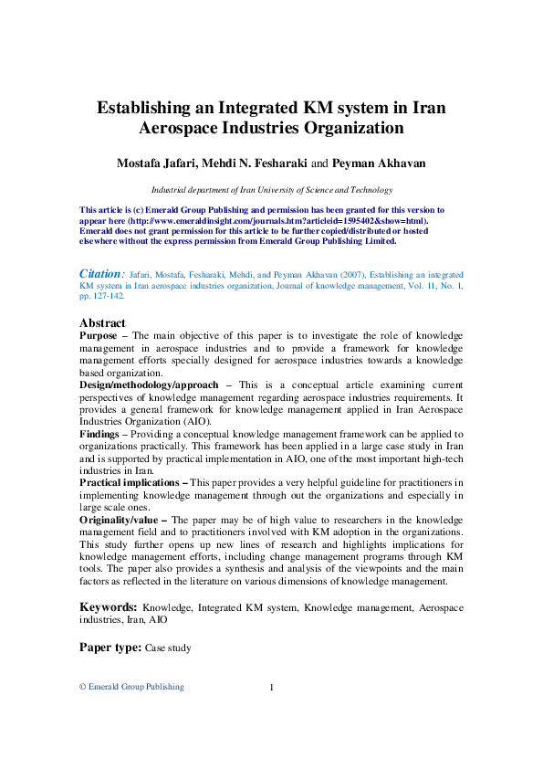 (PDF) Establishing an Integrated KM system in Iran Aerospace Industries ...
