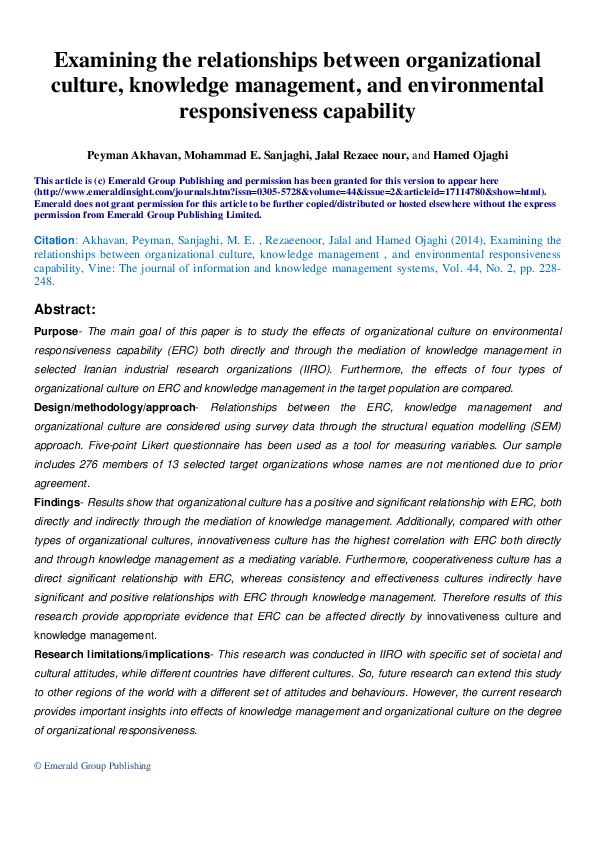 (PDF) Examining the relationships between organizational culture, KM, and environmental ...