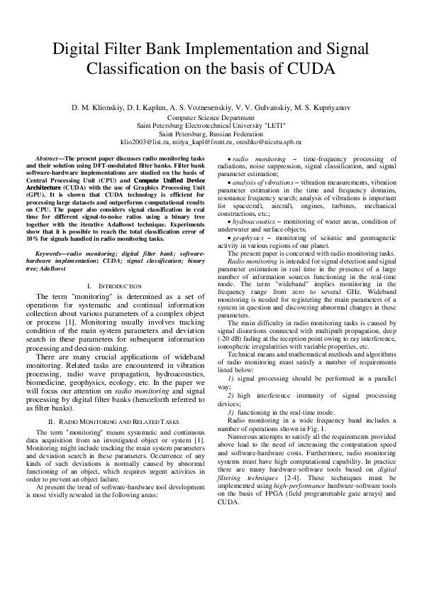 (PDF) Digital Filter Bank Implementation and Signal Classification on the basis of CUDA