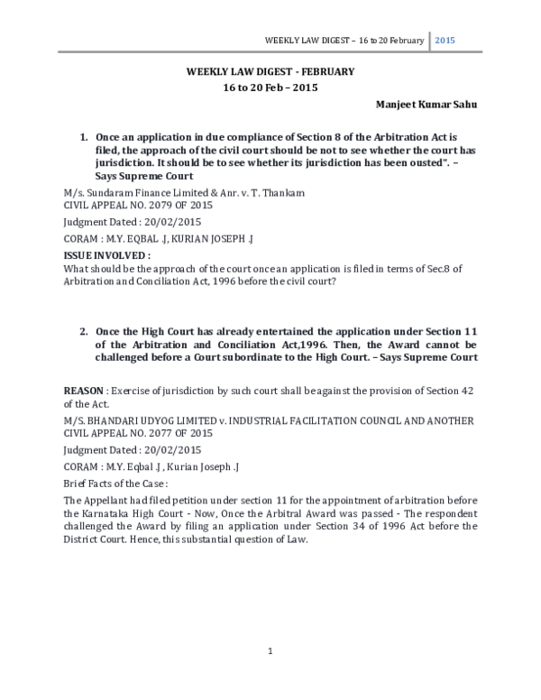 (PDF) Weekly Law Digest : 16th - 20th February, 2015