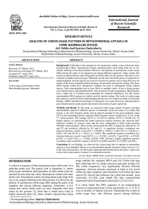 Pdf Analysis Of Codon Usage Pattern In Mitochondrial Atpase 6 In Some